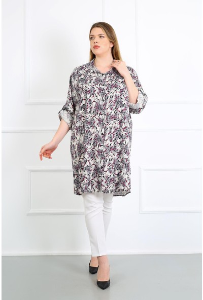 By Alba Collection Kadın Lila Yaprak Desen Pamuk Viskon Büyük Beden Tunik By Alba Collection Kadın Lila Yaprak Desen Pamuk Viskon Büyük Beden Tunik