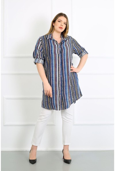 By Alba Collection Kadın Indigo Geçiş Çizgili Büyük Beden Tunik By Alba Collection Kadın Indigo Geçiş Çizgili Büyük Beden Tunik