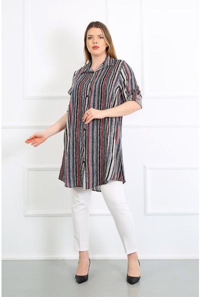 By Alba Collection Kadın Gri Geçiş Çizgili Büyük Beden Tunik By Alba Collection Kadın Gri Geçiş Çizgili Büyük Beden Tunik