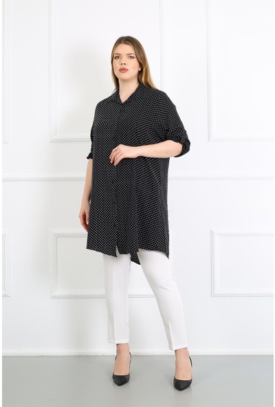 By Alba Collection Kadın Siyah Puantiyeli Pamuk Viskon Büyük Beden Tunik By Alba Collection Kadın Siyah Puantiyeli Pamuk Viskon Büyük Beden Tunik