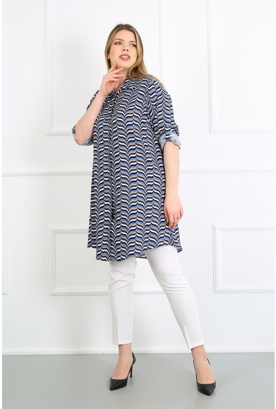By Alba Collection Kadın Indigo Ebru Desen Pamuk Viskon Büyük Beden Tunik By Alba Collection Kadın Indigo Ebru Desen Pamuk Viskon Büyük Beden Tunik