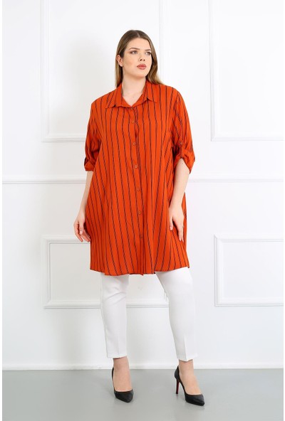 By Alba Collection Kadın Kiremit Çift Çizgili Pamuk Viskon Büyük Beden Tunik By Alba Collection Kadın Kiremit Çift Çizgili Pamuk Viskon Büyük Beden Tunik