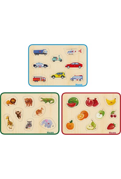 Hann Ahşap Yapboz 3'lü Set Taşıtlar, Vahşi Hayvanlar ve Meyveler