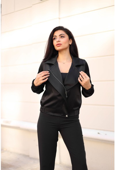 Le Na Nina Saten Bomber Ceket Siyah 42