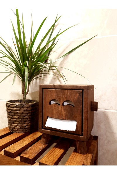 Woody Wc Ahşap Rustik Masif Ağaç Gülenyüz Emojili Tuvalet Kağıtlığı Banyo