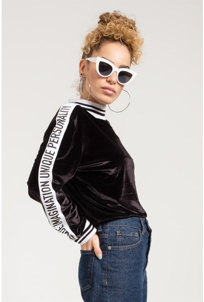 Jahr Marc Omuzları Şeritli Siyah Kadife Sweatshirt Jahr Marc Omuzları Şeritli Siyah Kadife Sweatshirt