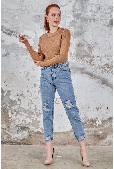 Hn Tekstil Yırtık Detaylı Yüksek Bel Yıkama Jean - Mavi 25