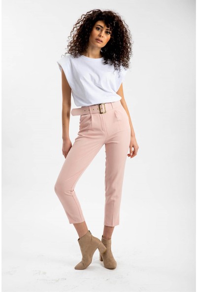 Hn Tekstil Pens Detaylı Kumaş Pantolon -Pudra S