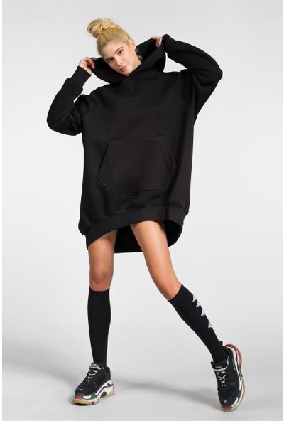Soufeel Kadın Siyah Yeni Nesil Tunik Kapüşonlu Sweatshirt Elbise