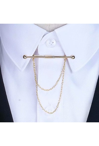 Stil Klipsli Zincirli Gold Yaka Iğnesi