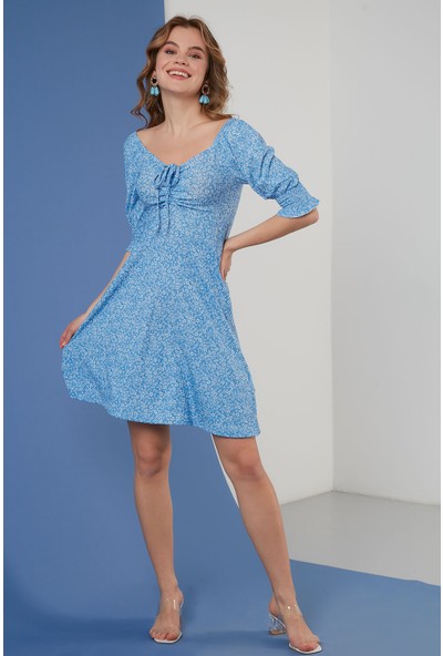 Lela Truvakar Kol Büzgü Detaylı Geniş Yaka Midi Elbise Bayan Elbise 5864485