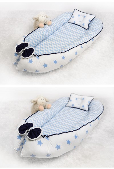 Babynest Yatak ve Ortopedik Yastık Mavi Yıldız ve Mavi Zikzak Fitilli Babynest Yatak ve Ortopedik Yastık Mavi Yıldız ve Mavi Zikzak Fitilli