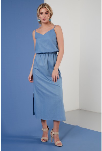 Lela V Yaka Ip Askılı Çift Yırtmaçlı Keten Uzun Elbise Bayan Elbise 6051292