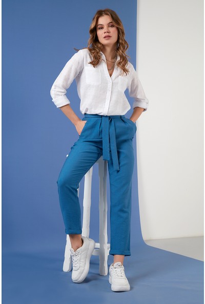Lela Relax Fit Belden Bağlamalı Cepli Keten Pantolon Bayan Pantolon 6051116