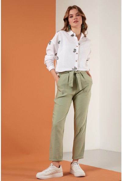 Lela Relax Fit Belden Bağlamalı Cepli Keten Pantolon Bayan Pantolon 6051116