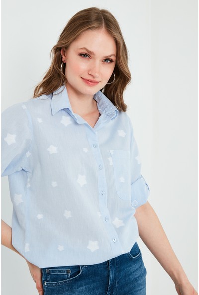 Lela Pamuklu Yıldız Baskılı Tek Cepli Gömlek Bayan Gömlek 51430182L