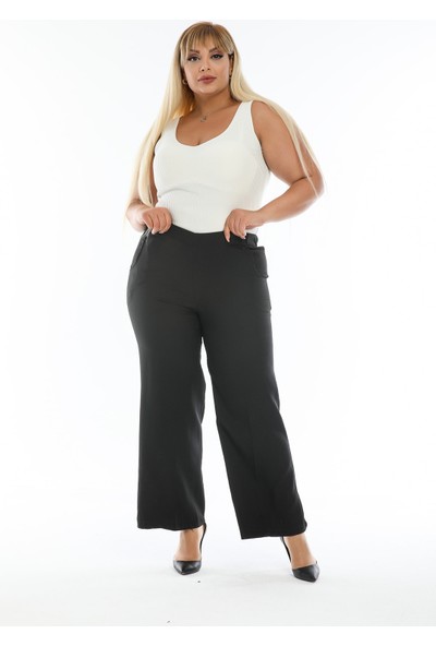 Nil Butik Büyük Beden Siyah Beli Lastikli ve Cepli Bol Paça Kadın Pantolon Nil Butik Büyük Beden Siyah Beli Lastikli ve Cepli Bol Paça Kadın Pantolon