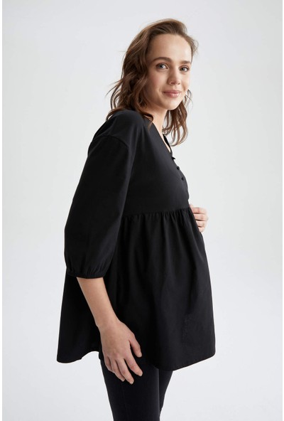 DeFacto Regular Fit Düğmeli V Yaka Volanlı Hamile Tunik Bluz X2348AZ22SP