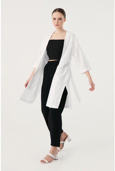 FullaModa Beli Bağlamalı Keten Kimono