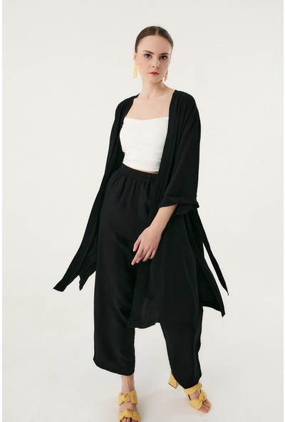 FullaModa Beli Bağlamalı Saten Kimono