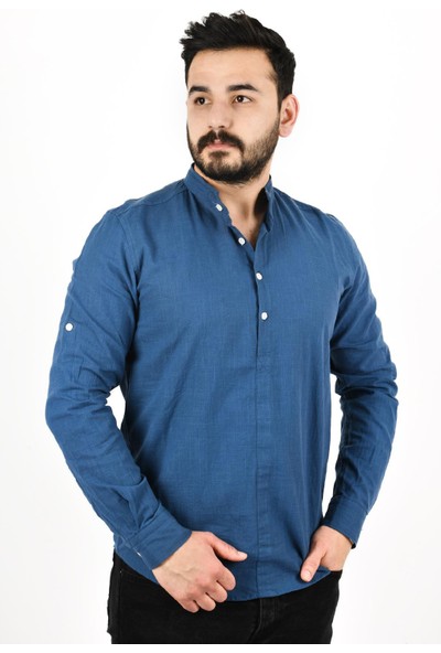 Barrels And Oil 344-21Y0301469 Erkek Indigo Yarım Patlı Hakim Yaka Gömlek