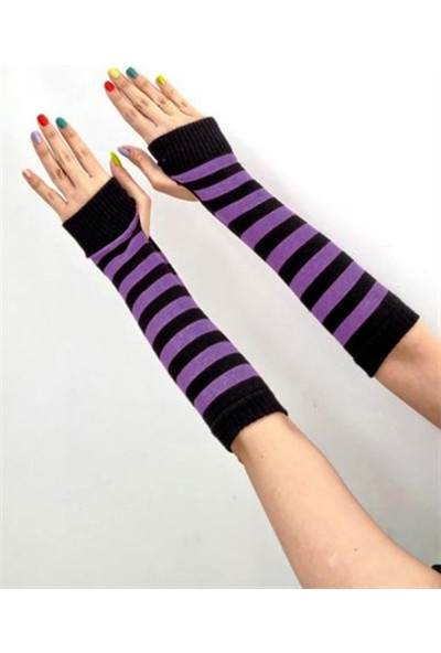 Afillix Concept Lila Siyah Çizgili Tasarım Uzun Kolluk Eldiven
