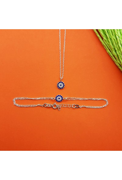 Agora Silver Kadın 925 Ayar Minimal Nazar Gümüş Kolye Bileklik Kombin Set