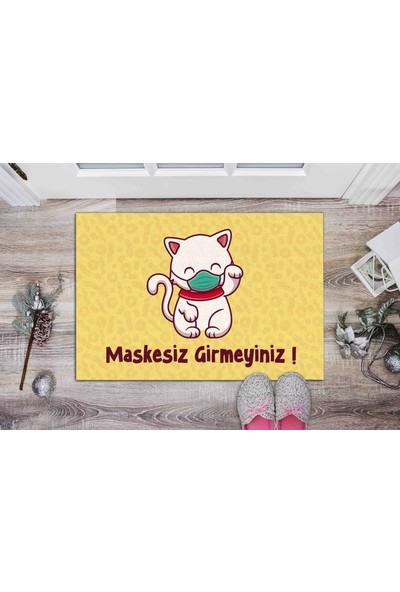 Ibsalpin Bayrak Maskesiz Girilmez Kedi Dekoratif Çok Amaçlı Iç ve Dış Kapı Paspası