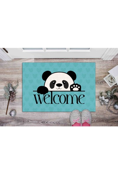 Ibsalpin Bayrak Welcome Panda Dekoratif Çok Amaçlı Iç ve Dış Kapı Paspası