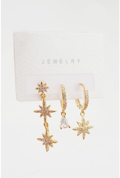 By Zeyna Aksesuar Kadın Kararmaz Altın Kaplama 3'lı Zirkon Set Küpe