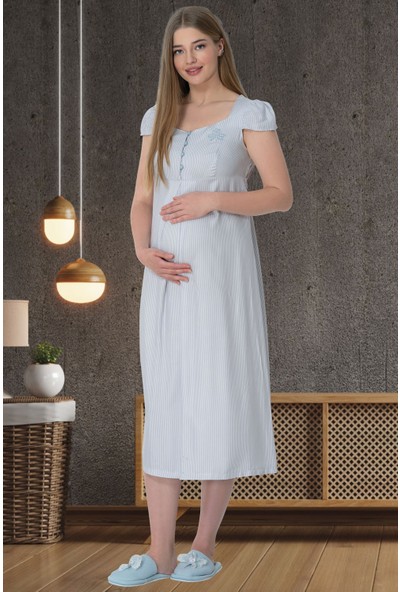 Mecit Pijama Mecit 5648 Gri Çizgili Mavi Işlemeli Hamile Lohusa Elbise
