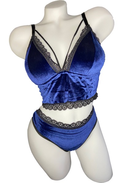 Önü Ip ve Dantelli Üçgen Kadife Lacivert Bustiyer Iç Çamaşırı Takımı