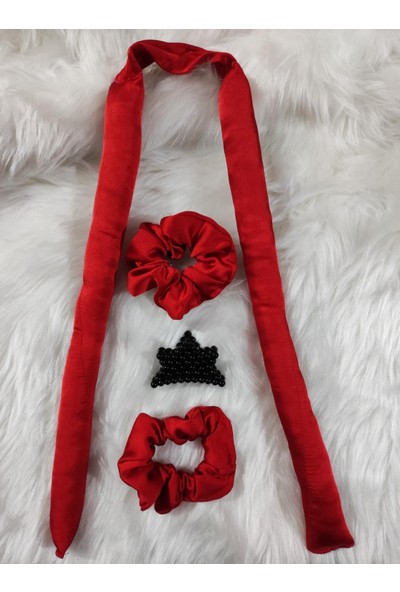 Elvin Aksesuar Kırmızı Renk Isısız Saç Şekillendirici Saç Sosisi Saten Toka Seti ve Mandal Toka