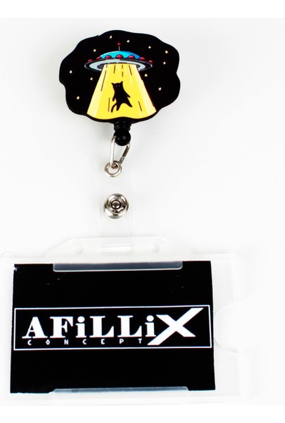 Afillix Concept Ufo Kedi Tasarım Ahşap Yoyo Yaka Kartı Aksesuarı Şeffaf Kart Koruyucu