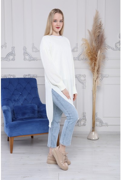 Moda Çizgi Uzun Ekru Bisiklet Yaka Triko Tunik Moda Çizgi Uzun Ekru Bisiklet Yaka Triko Tunik