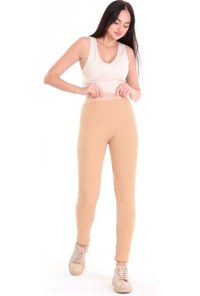 Moda Çizgi Nude Triko Kadın Pantolon