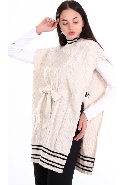 Moda Çizgi Taş Siyah Triko Panço Moda Çizgi Taş Siyah Triko Panço