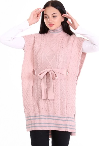 Moda Çizgi Pembe Gri Triko Panço Moda Çizgi Pembe Gri Triko Panço
