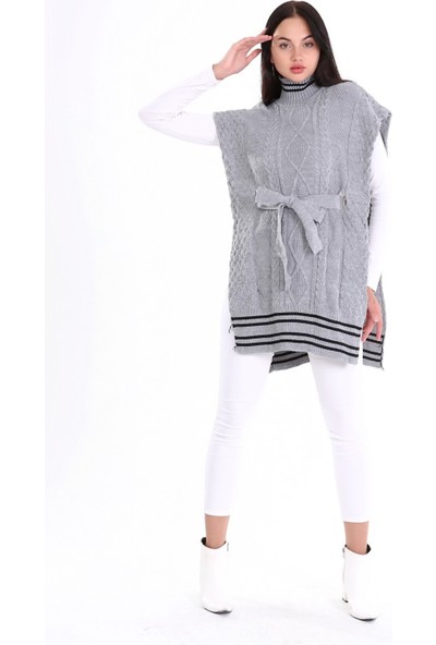 Moda Çizgi Siyah Gri Triko Panço Moda Çizgi Siyah Gri Triko Panço