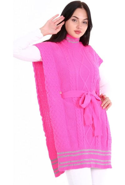 Moda Çizgi Fuşya Gri Triko Panço Moda Çizgi Fuşya Gri Triko Panço