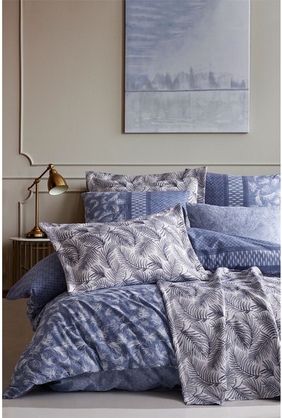 İyi Geceler İstanbul Ranforce Çift Kişilik Nevresim Takımı - Leaf Mavi