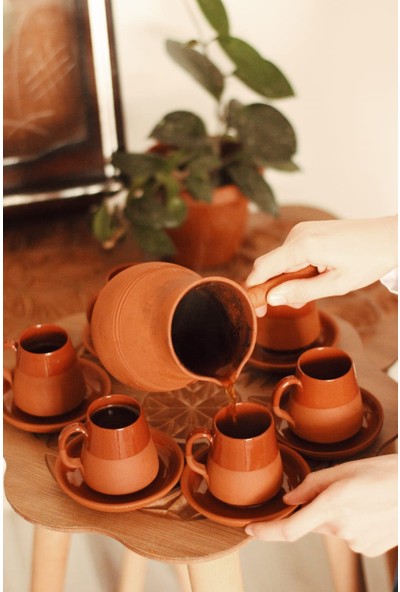 Toprak Kokulu Kahvem Lal Altı Kişilik Fincan ve Cezve Takımı