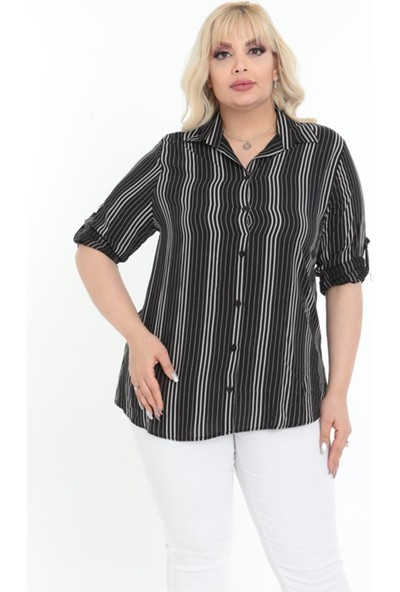 Alba Collection Kadın Pamuk Viskon Çizgili Büyük Beden Gömlek Siyah