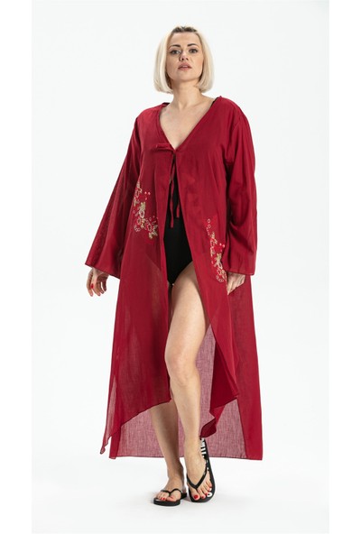 Uzun Kol Vual Yaprak Uzun Pareo Bordo Brd