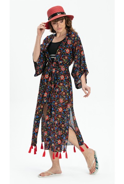 Uzun Kol Vual Açelya Uzun Kimono Siyah Syh