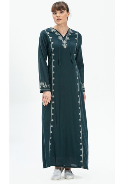 Uzun Kol Şile Bezi Rüya Uzun Elbise Petrol Ptrl