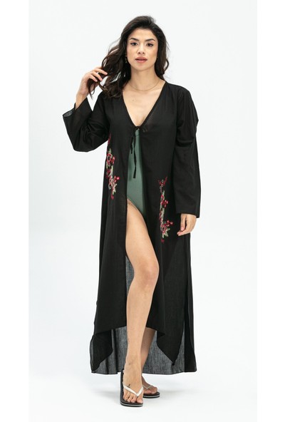 Uzun Kol Vual Yaprak Uzun Pareo Siyah Syh