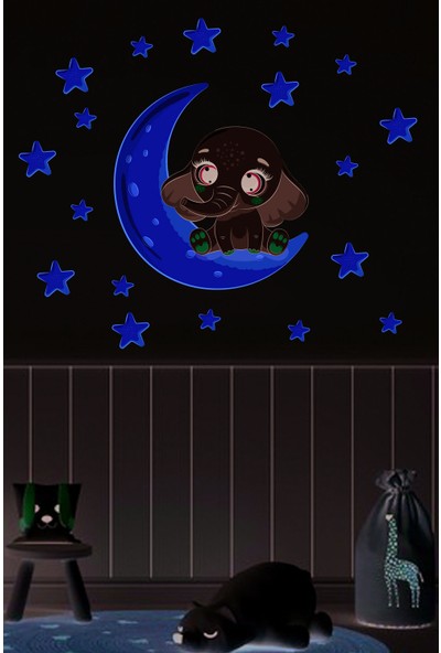 Ay Üstünde Bebek Fil ve Yıldızlar Çocuk Odası Sticker