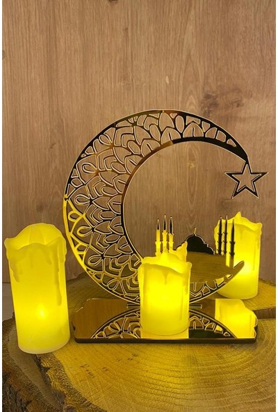 BeySüS Ramazan Ayı Dekoratif Pleksi Süs Cami Model Mum Hediyeli Gold 18X16