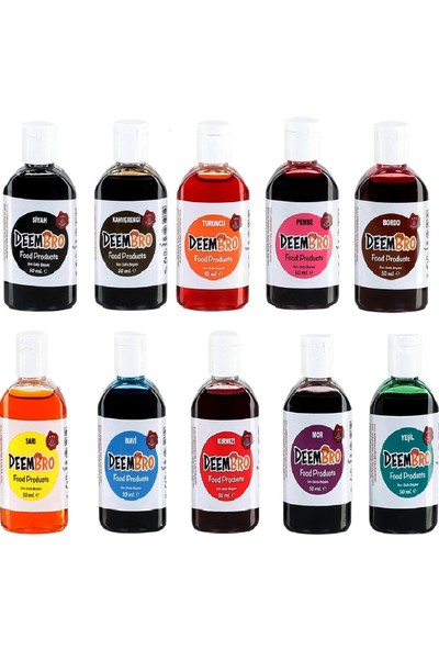 Deembro Sıvı Gıda Boyası Seti 10X 10 Renk 50 ml x 10 Su Bazlı Likit Gıda Boyaları Deembro Sıvı Gıda Boyası Seti 10X 10 Renk 50 ml x 10 Su Bazlı Likit Gıda Boyaları